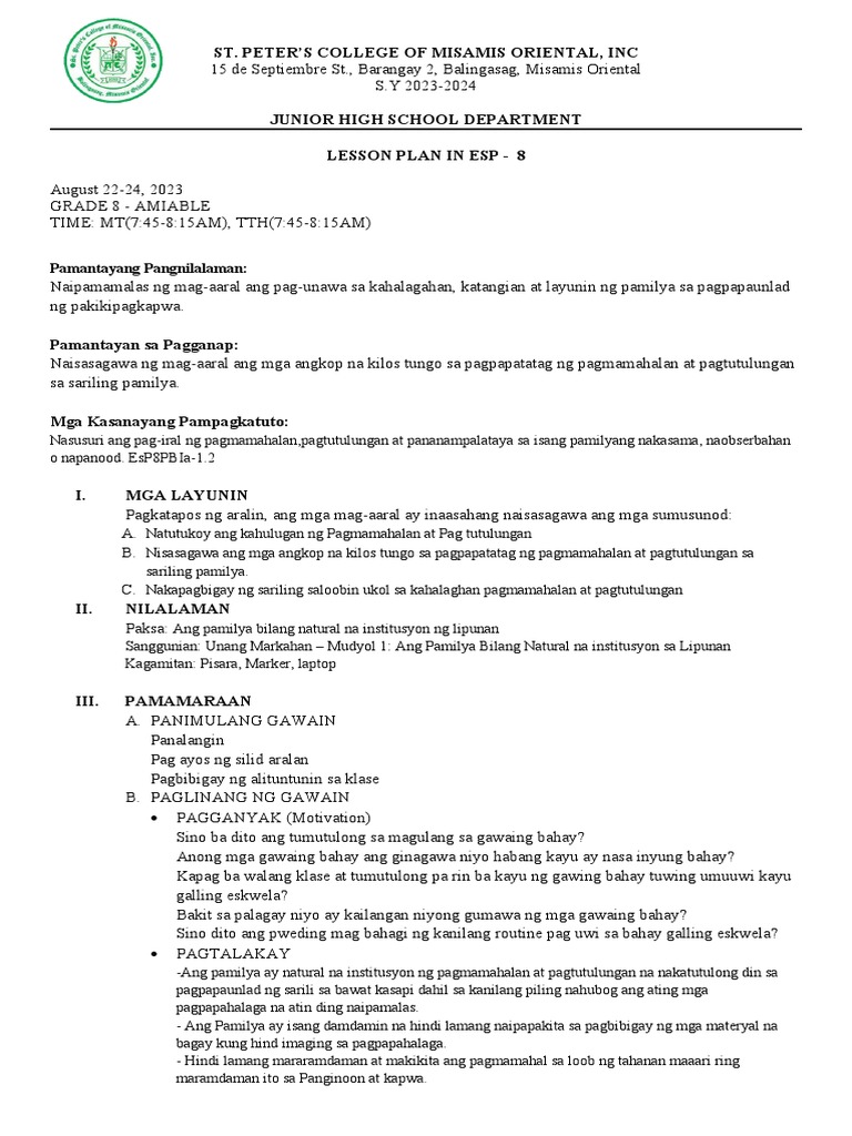 Esp Lesson Plan - Week 2 | PDF