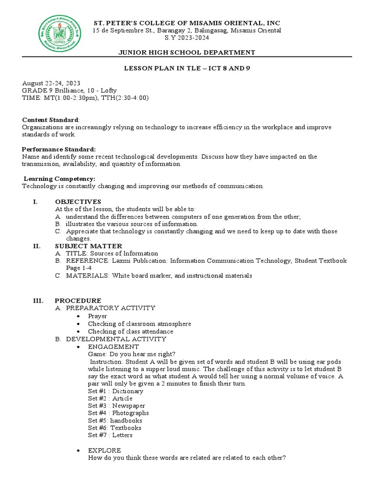 Tle Ict Lesson Plan - Week 2 | PDF | Primary Sources | Educational ...