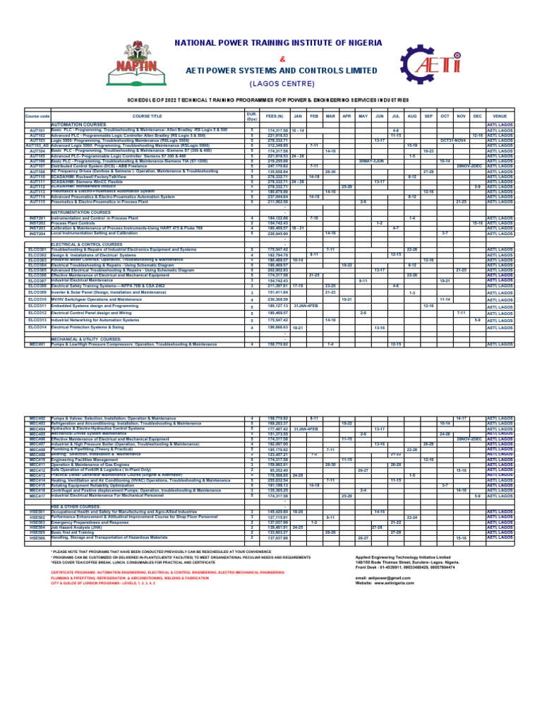 Naptin 2022 Training Calendar | PDF | Scada | Instrumentation