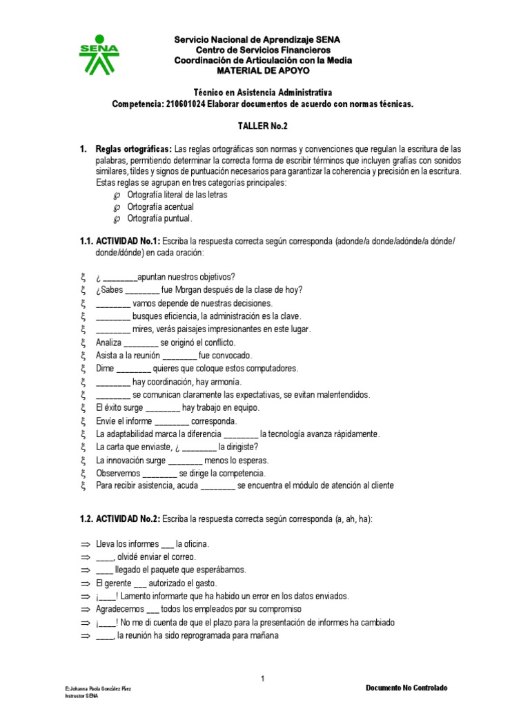 Taller No.2 Elaborar Documentos. Sena | PDF | Ortografía | Logística
