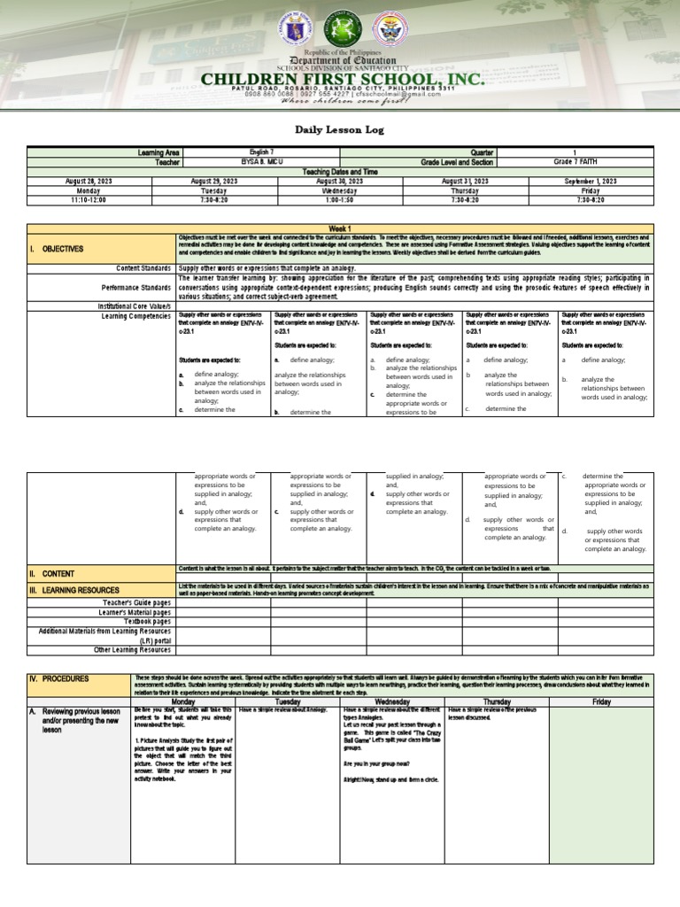 Weel 1 Grade 7 DLL - Analogy | PDF | Analogy | Learning