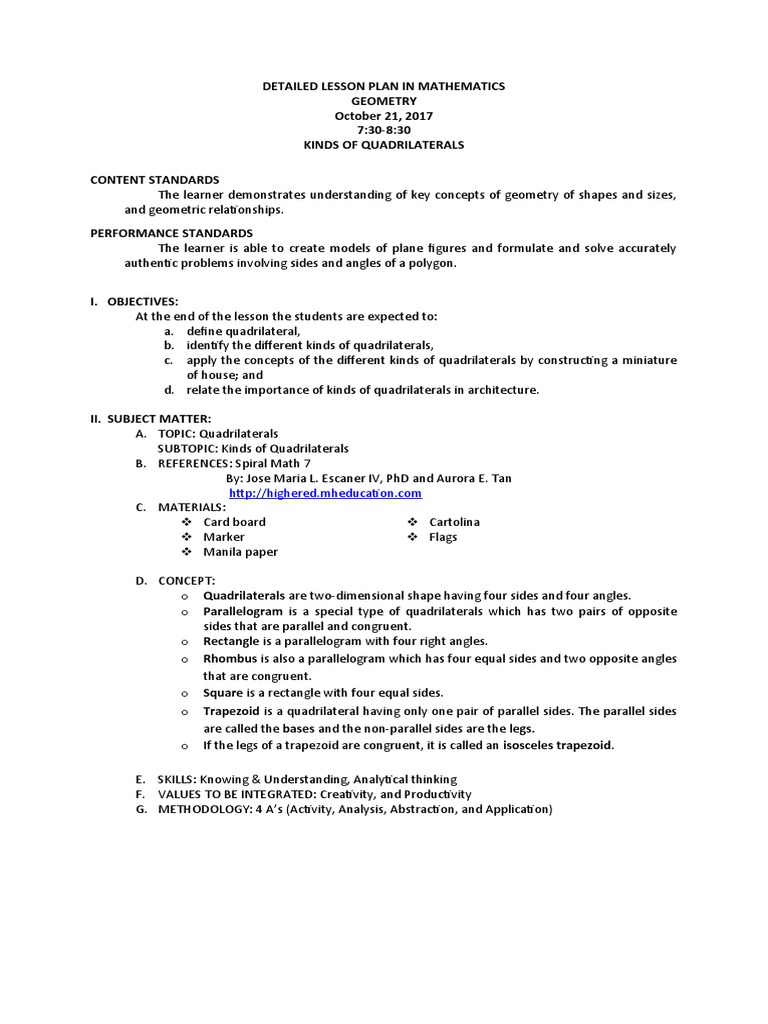 Grade 7 LP Kinds of Quadrilaterals | PDF | Rectangle | Shape