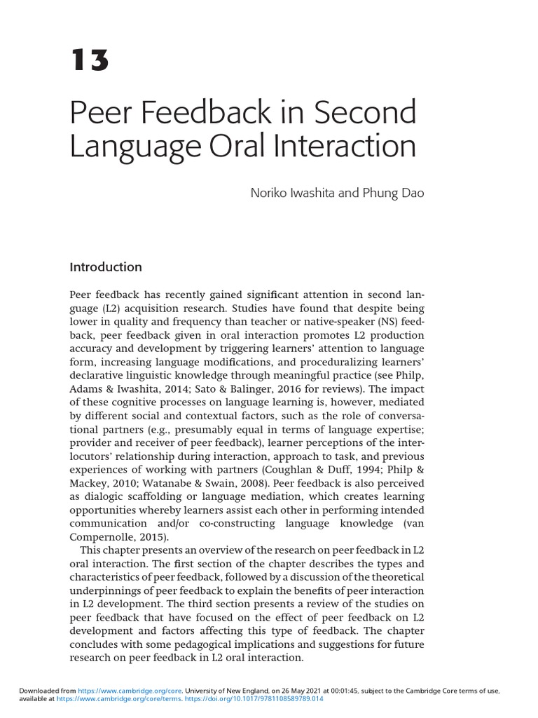 (Iwashita & Dao, 2021) Peer Feedback in 2nd Language Oral Interaction | PDF | Second Language ...