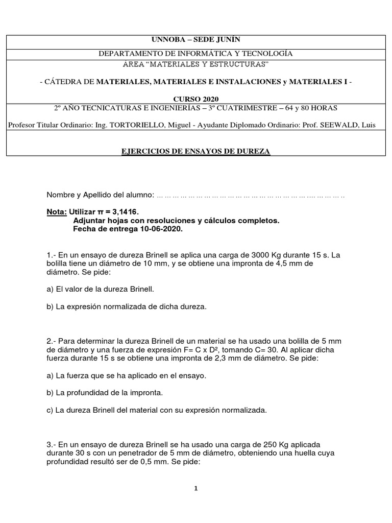 Ejercicios De Ensayos De Dureza 2020 Pdf Dureza Materiales