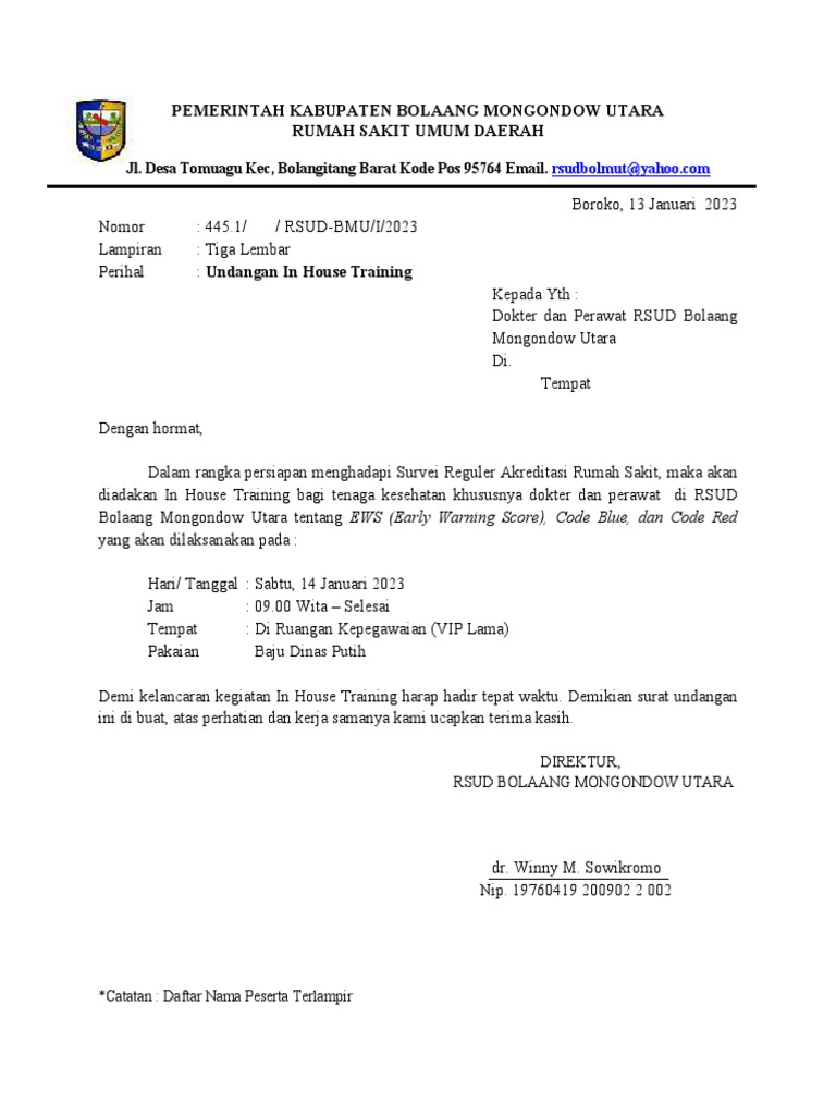 Undangan IHT EWS, Code Blue, Code Red | PDF