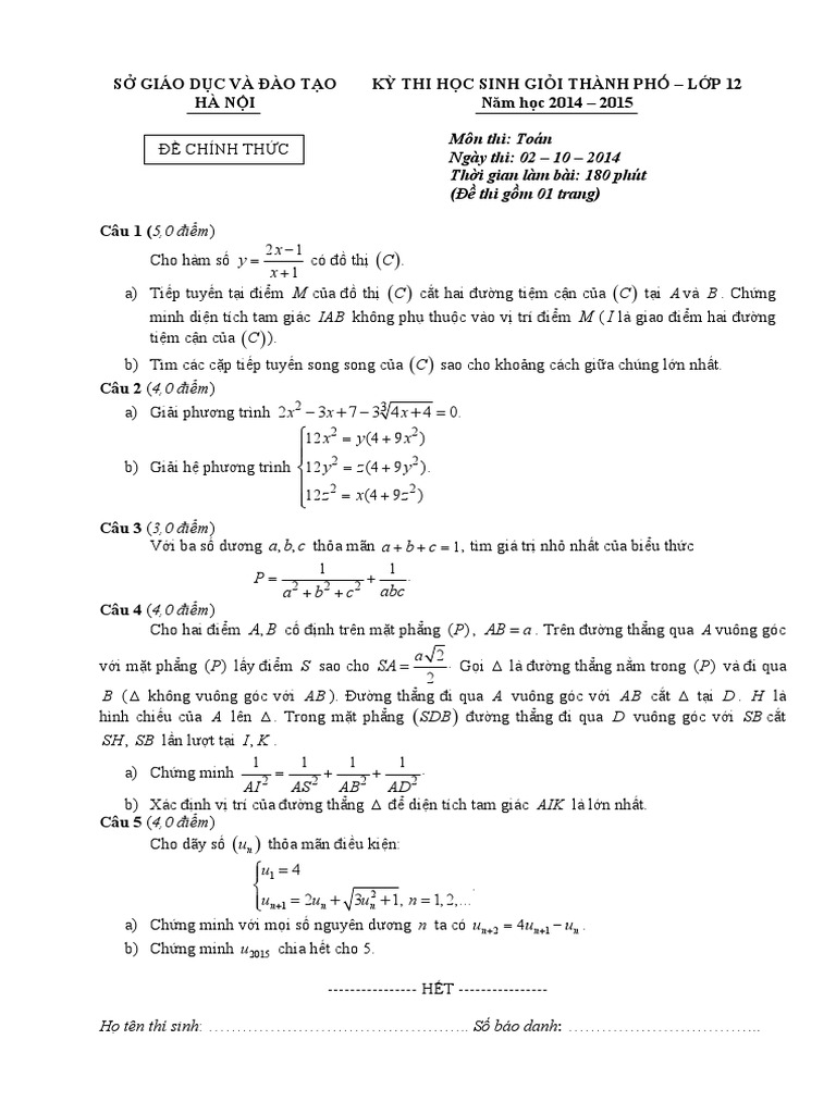 HSG Toan 12 TPHN 2014 2015 de Va Dap An | PDF