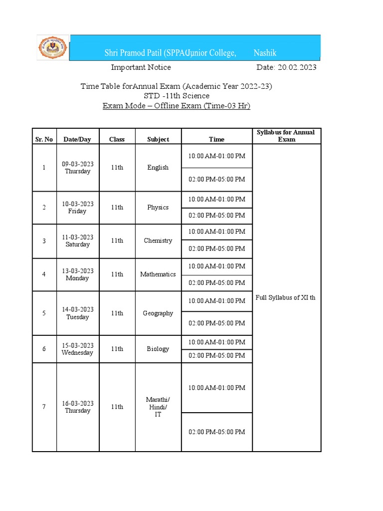 Annual Exam Time Table .XLSX - Annual Exam | PDF