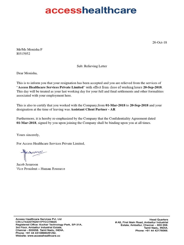 Access Relieving Letter | PDF