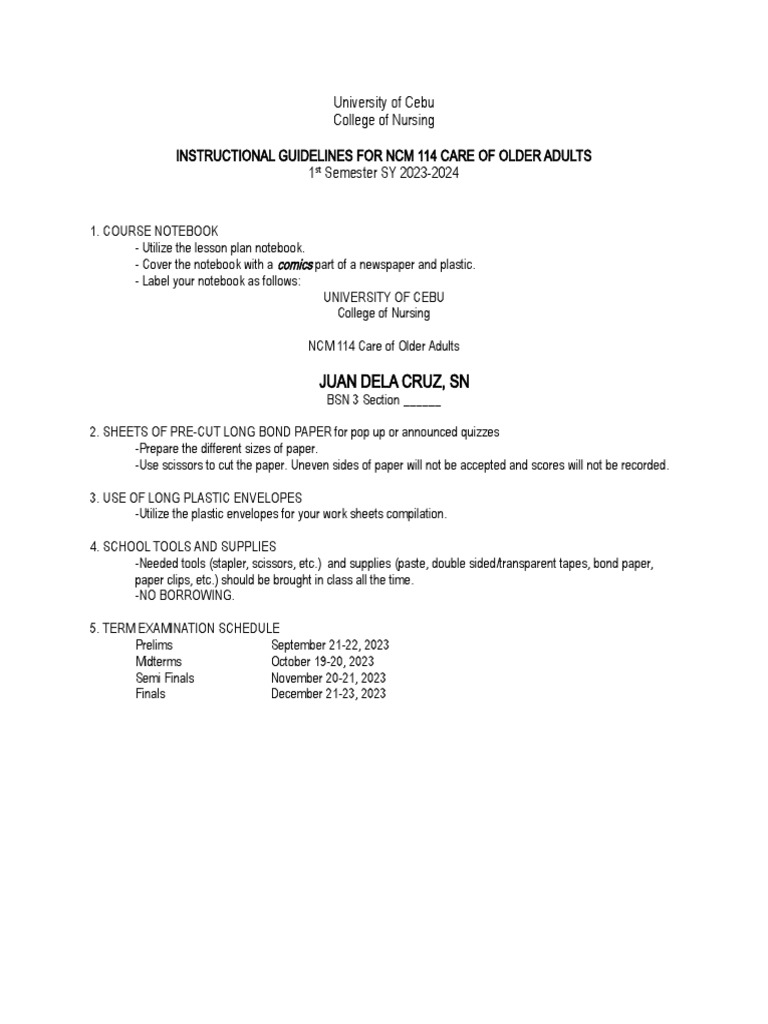 NCM 114 Guidelines for Nursing Students | PDF | Nursing