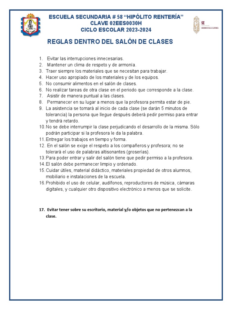 Reglas del Salón de Clases Secundaria | PDF