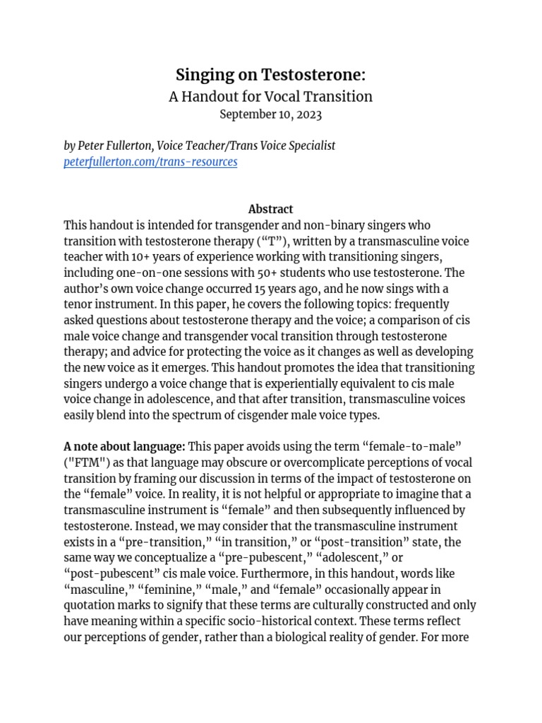 Singing On Testosterone - A Handout For Vocal Transition | PDF | Human ...