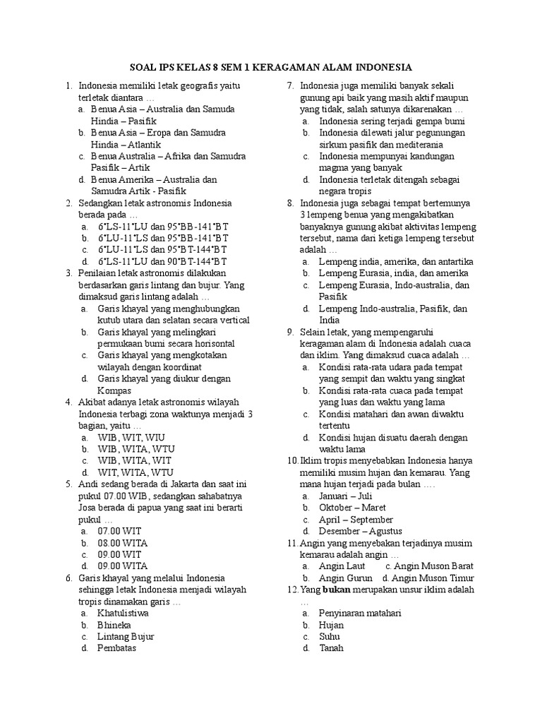 Soal Ips Kelas 8 Sem 1 Keragaman Alam Indonesia | PDF