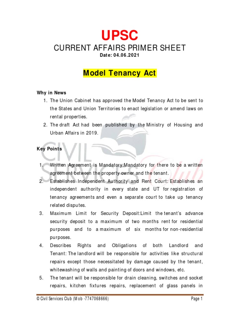 CAP-65 - Model Tenancy Act | PDF | Leasehold Estate | Landlord