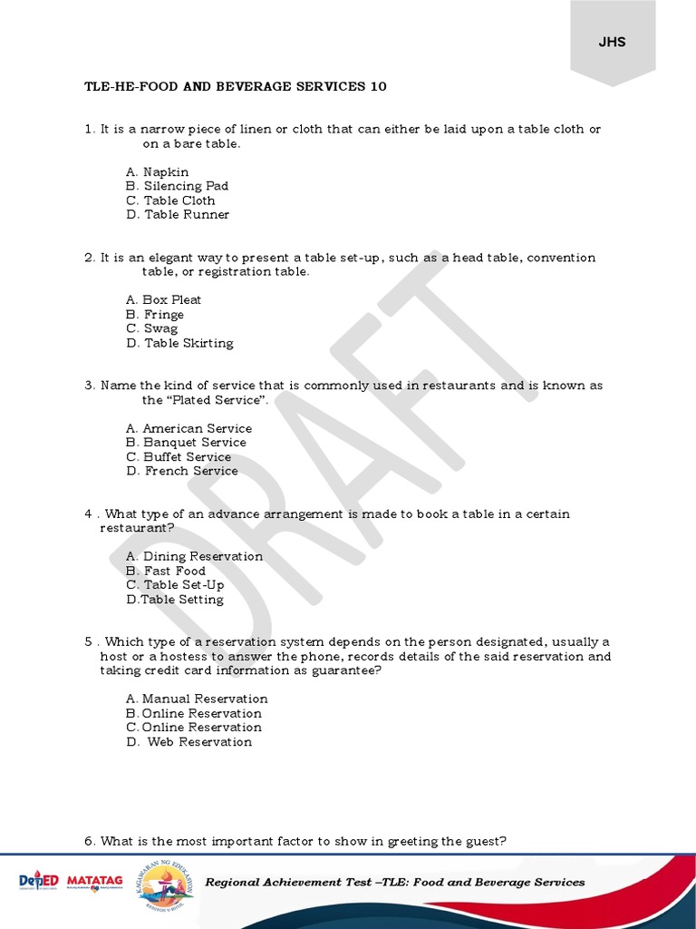 Tle-He-Food and Beverage Services 10 | PDF | Waiting Staff | Restaurants