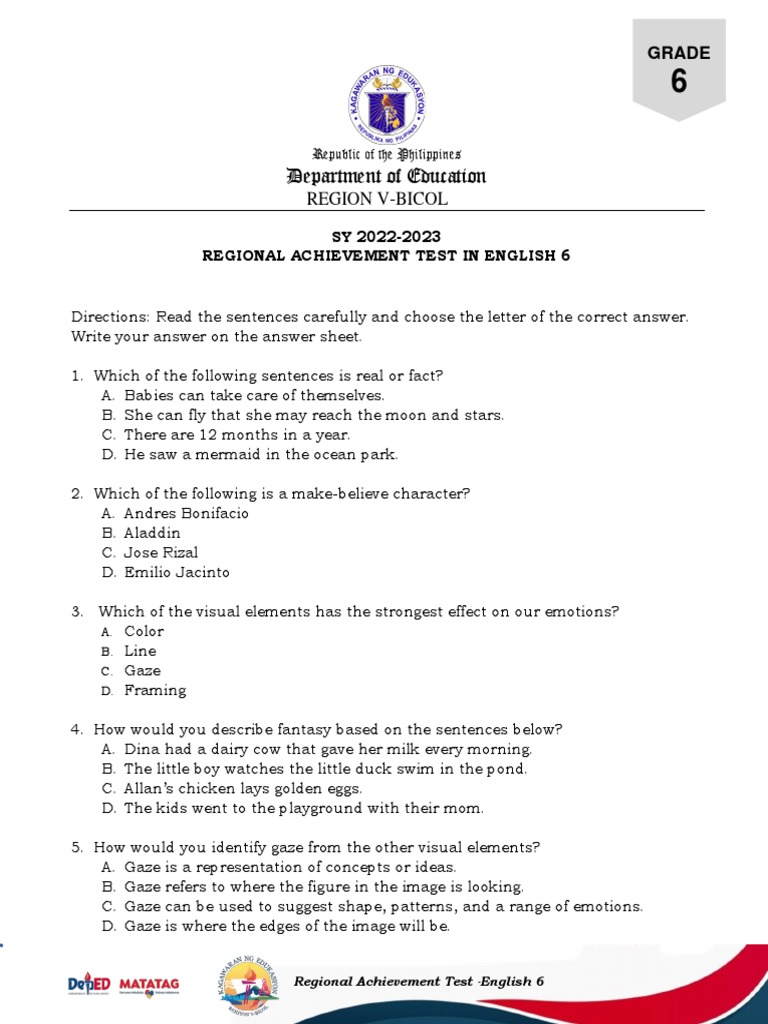 English 6 Regional Achievement Test | PDF | Language Arts & Discipline