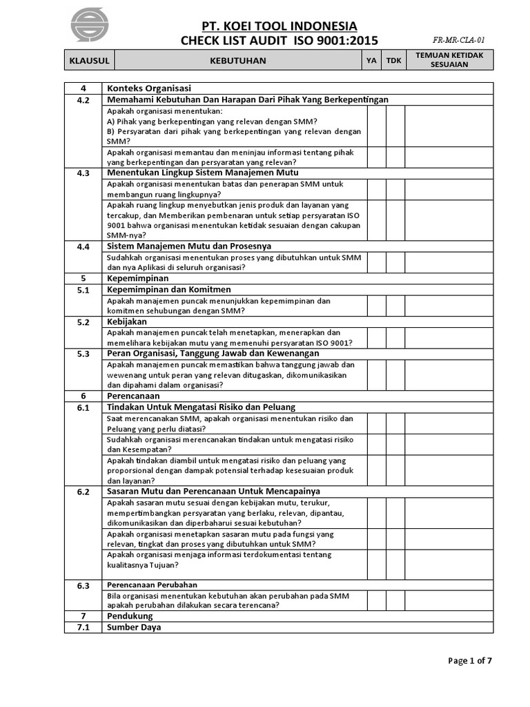 Checklist Audit ISO 9001:2015 KOEI Tool | PDF
