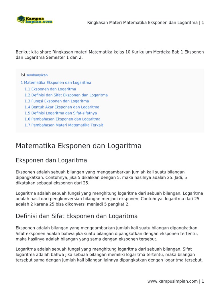 Ringkasan Materi Matematika Eksponen Dan Logaritma (SFILE | PDF