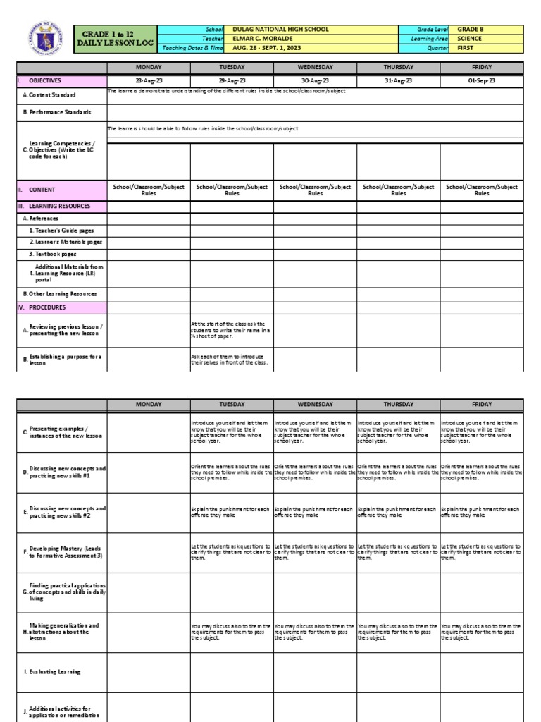 Daily Lesson Log DLL Templates | PDF | Learning | Teachers