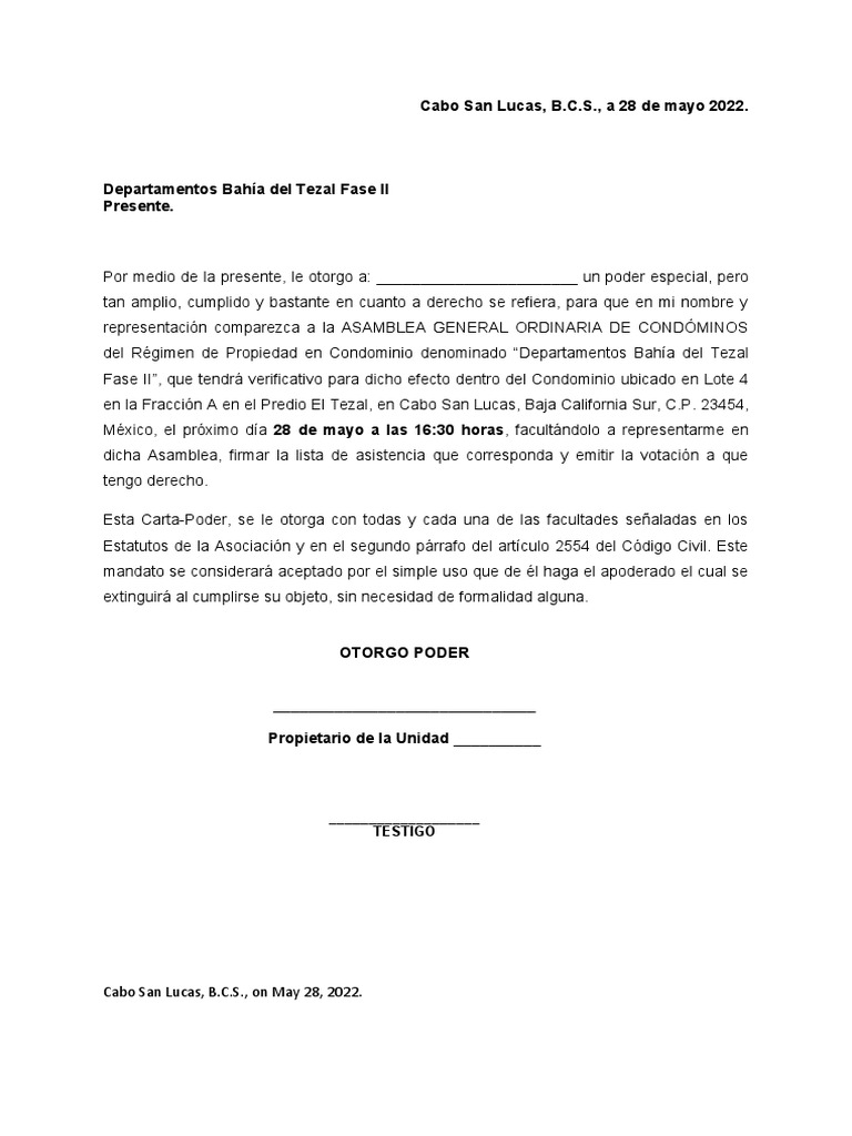 Formato Carta Poder-Asamblea 28 - Mayo 2022-Bahia Del Tezal | PDF Formato Carta Poder-Asamblea 28 - Mayo 2022-Bahia Del Tezal | PDF