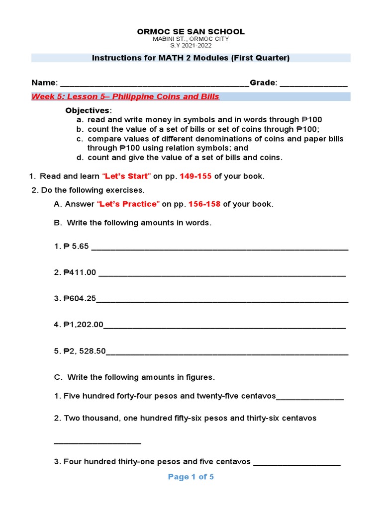 Instructions For Math 2 Week 5 and 6 | PDF | Numismatics | Foreign ...