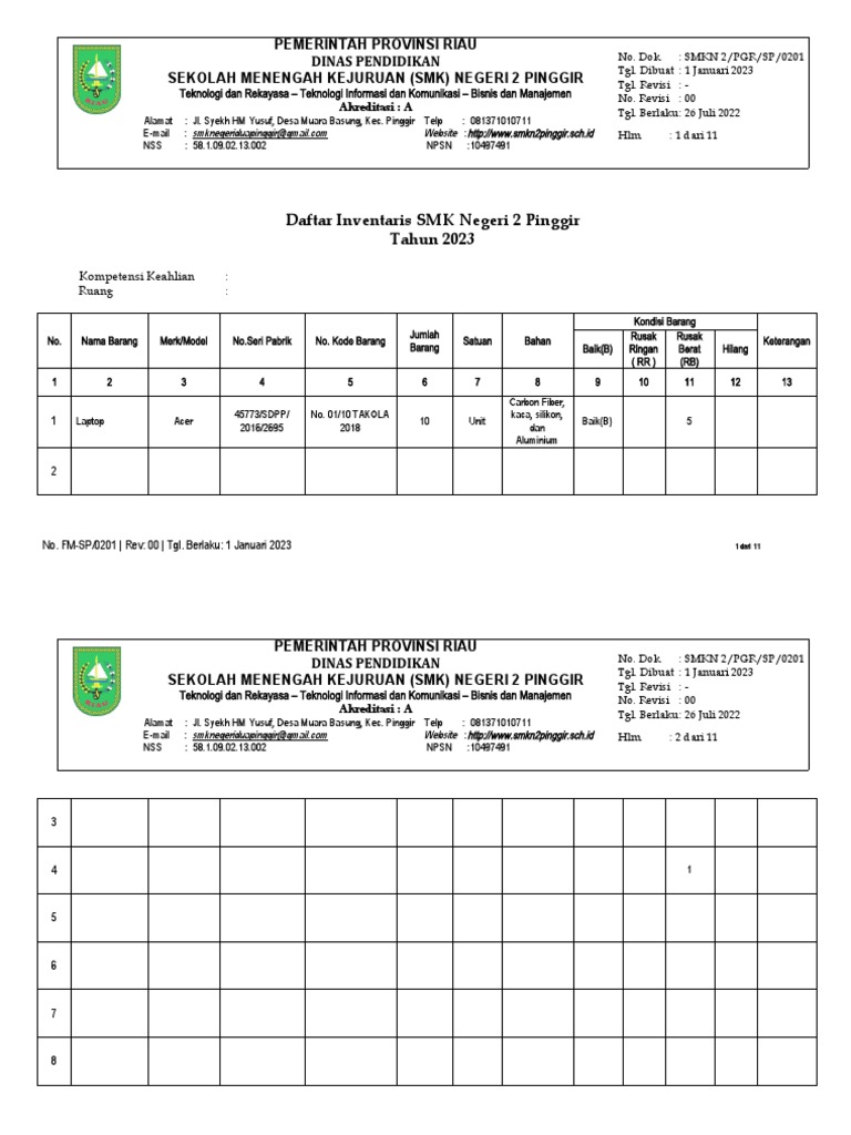 Daftar Inventaris FM 201 | PDF