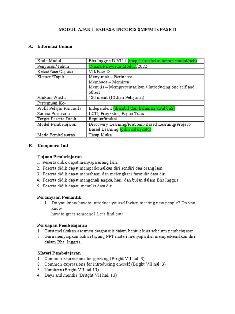 BAB 1 - MODUL AJAR BRIGHT SMP GRADE VII | PDF