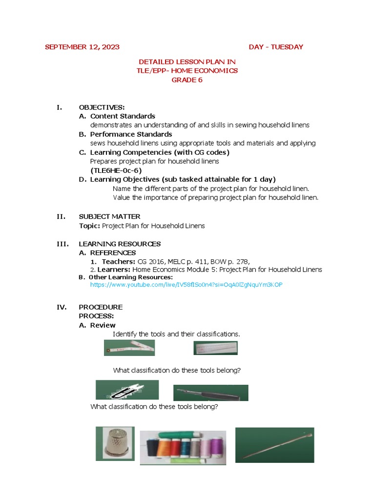 SEPTEMBER 12, 2023 Day - Tuesday Detailed Lesson Plan in Tle/Epp-Home ...