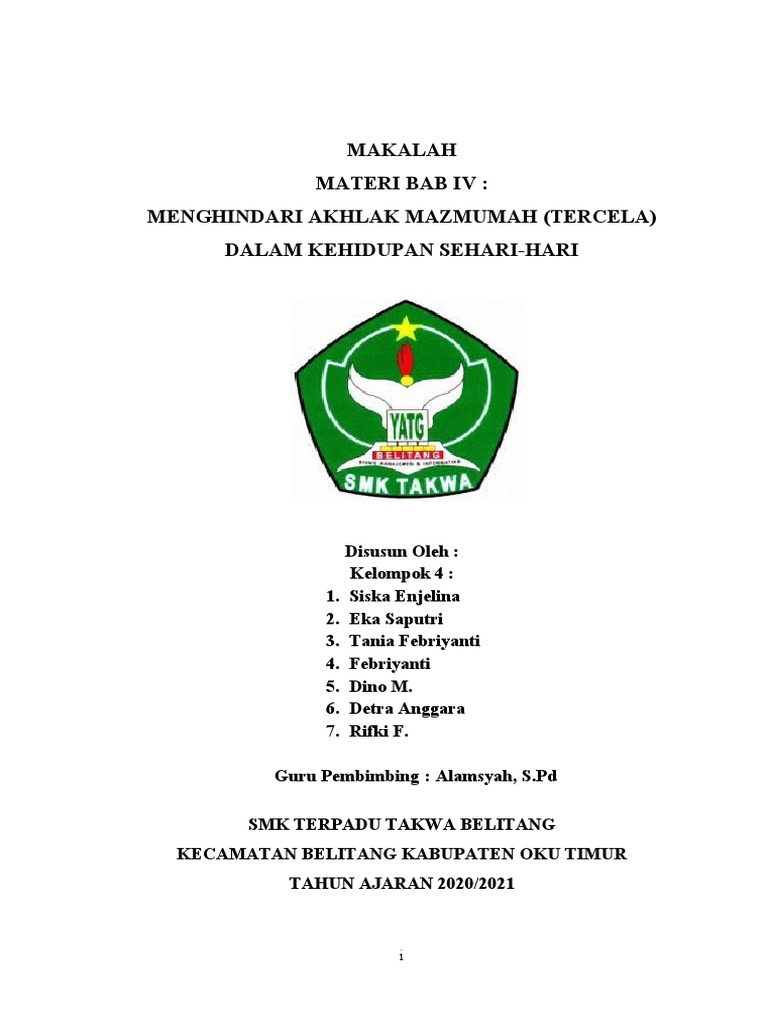 Makalah SMK Takwa Menghindari Akhlak Mazmumah (Tercela) Dalam Kehidupan ...