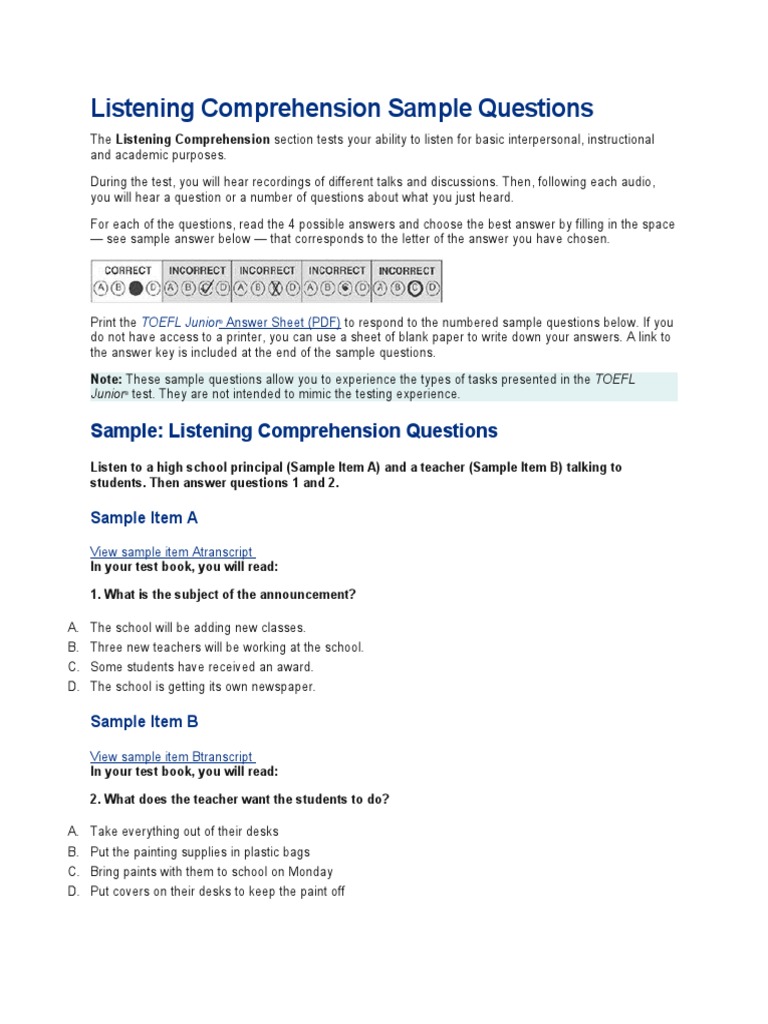 Listening Comprehension Sample Questions | PDF | Ant | Test Of English ...
