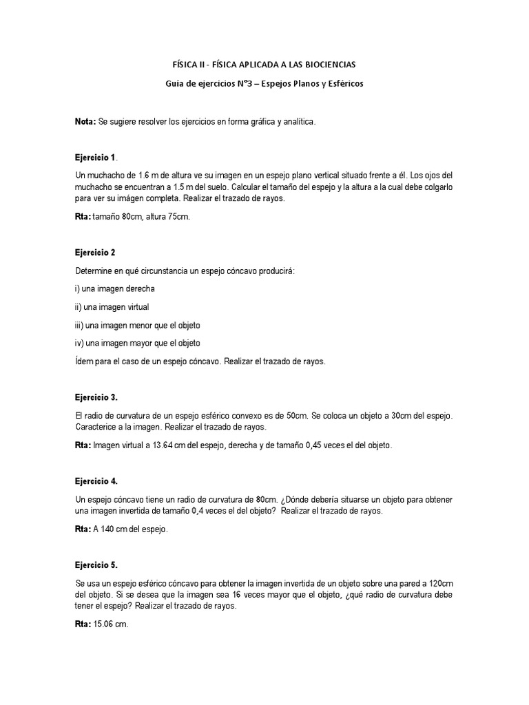 Ejercicios de Espejos Planos y Esféricos | PDF | Espejo | Aplicaciones ...