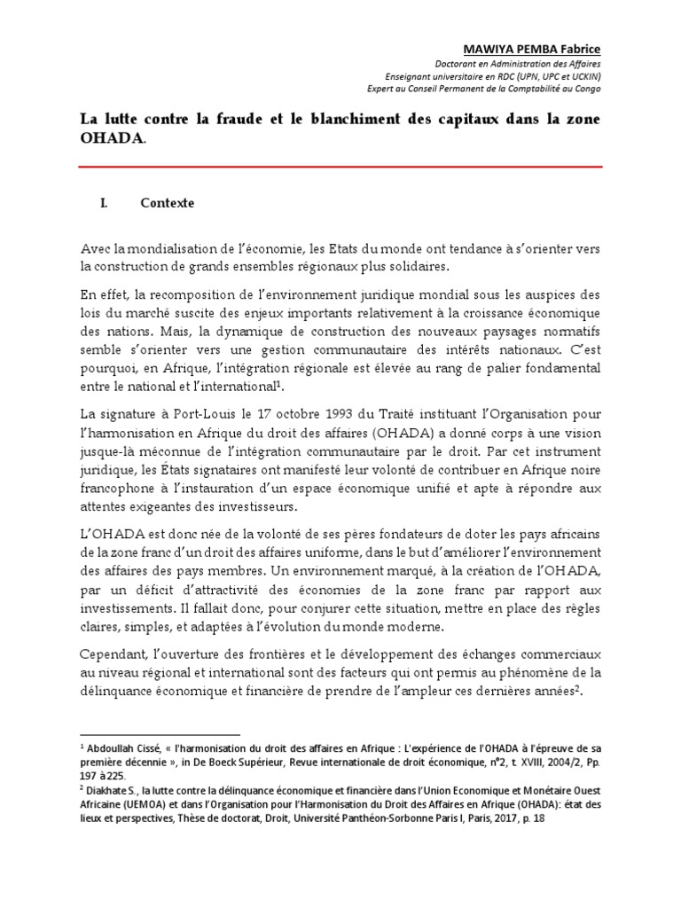 La Lutte Contre La Fraude Et Le Blanchiment Des Capitaux Dans La Zone OHADA | PDF