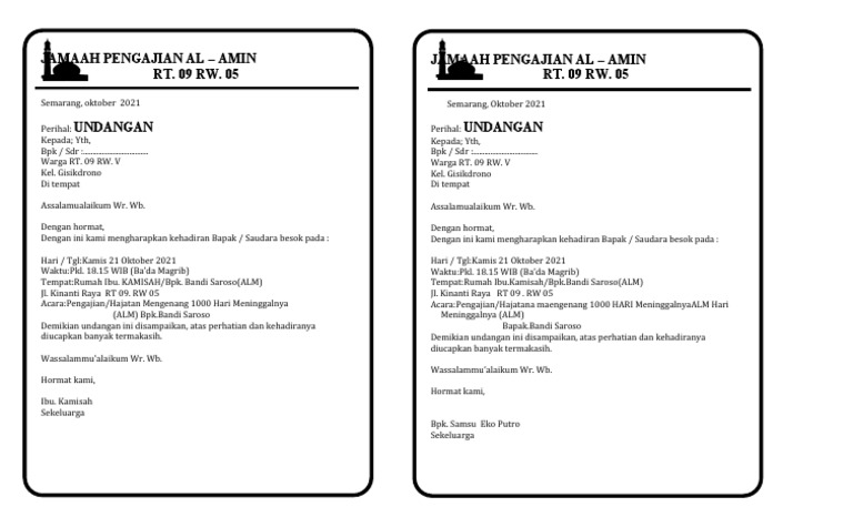 Undangan Pengajian 1000 Hari Alm. Bandi Saroso | PDF | Kajian Bahasa ...