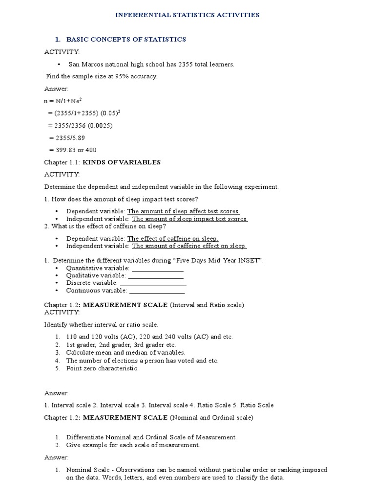 Inferential Statistics Activities Guide | PDF | Sampling (Statistics) | Level Of Measurement