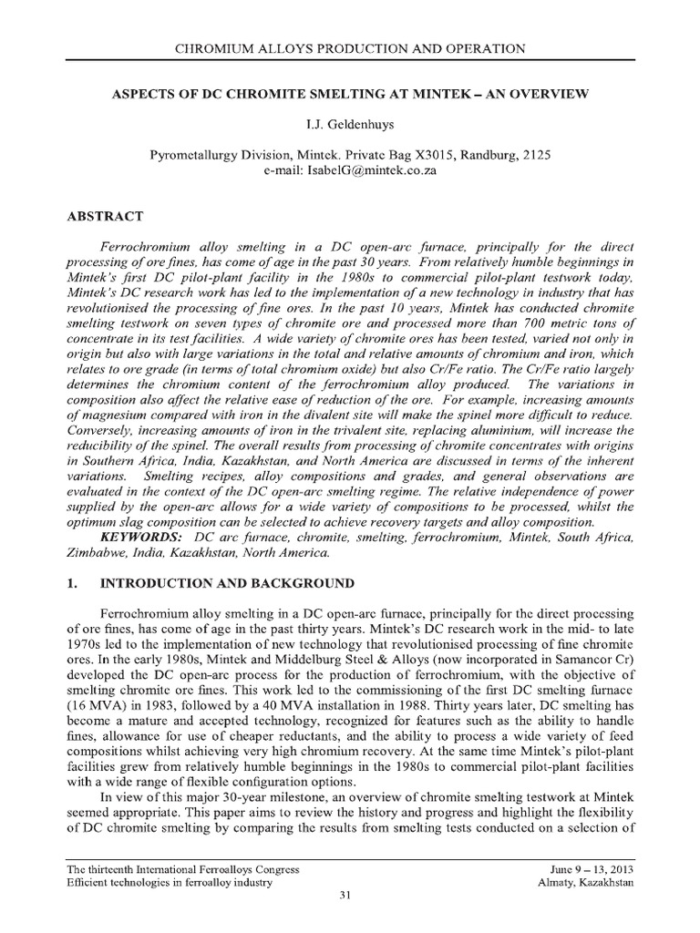 FU - ART - I.geldenhuys - 2013 - Aspects Od DC Chromite Smelting at ...