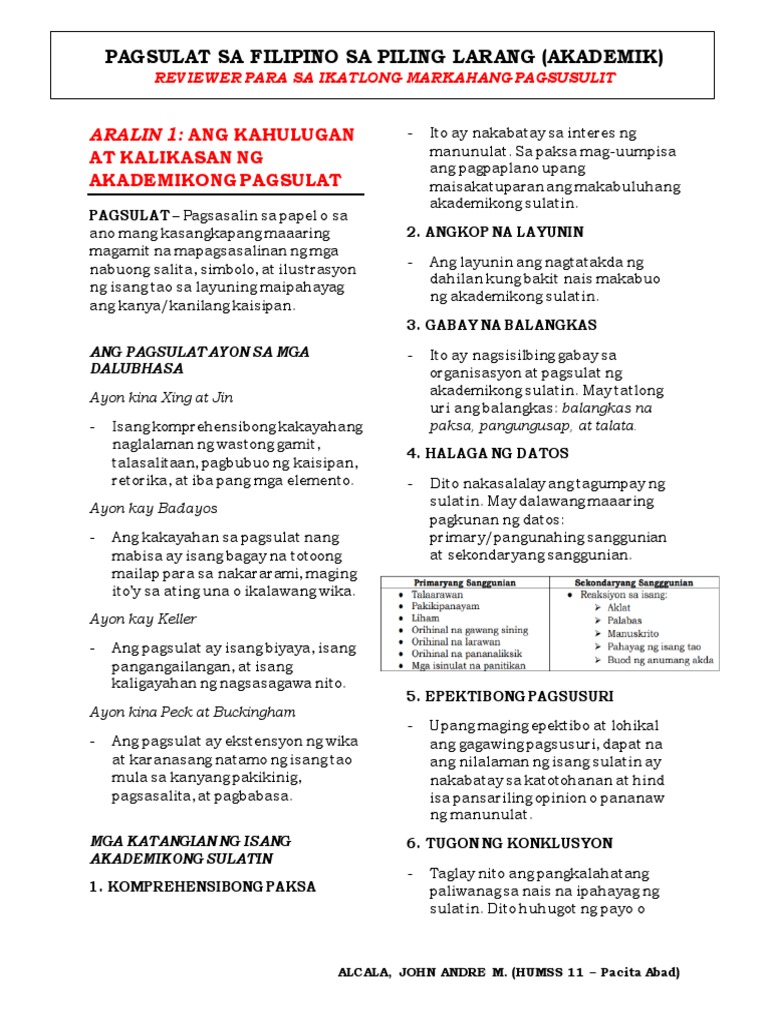 Reviewer para Sa Pagsulat Sa Filipino Sa Piling Larang (Akademik) | PDF