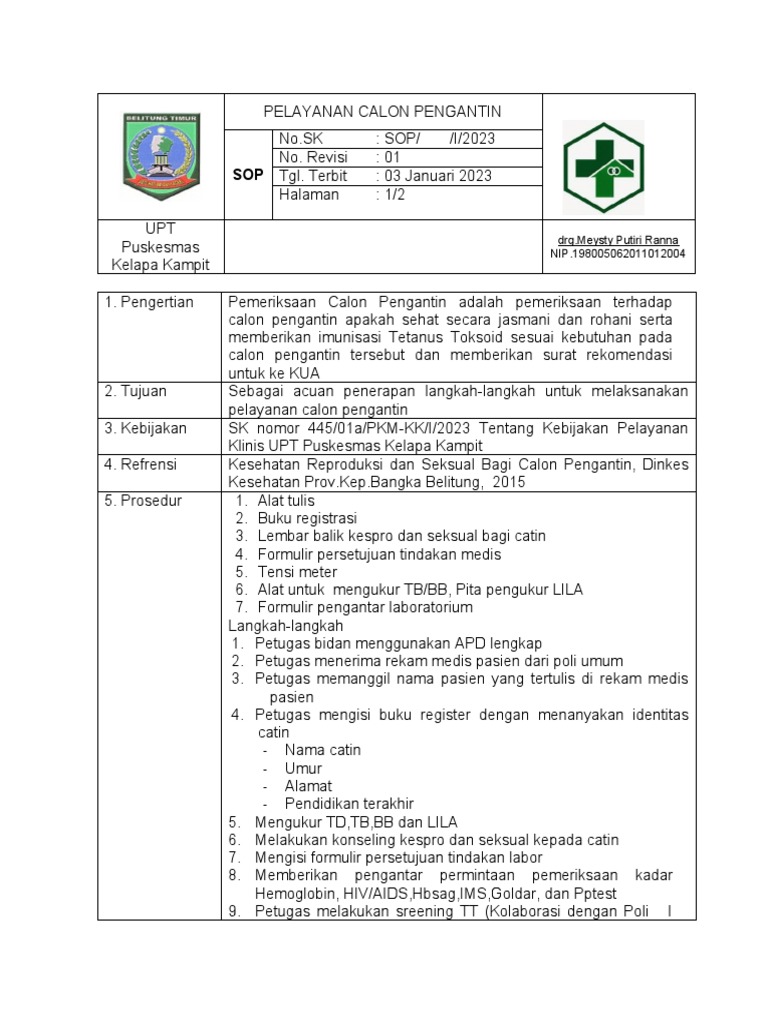 SOP Pelayanan Catin di Puskesmas | PDF | Pengembangan Diri