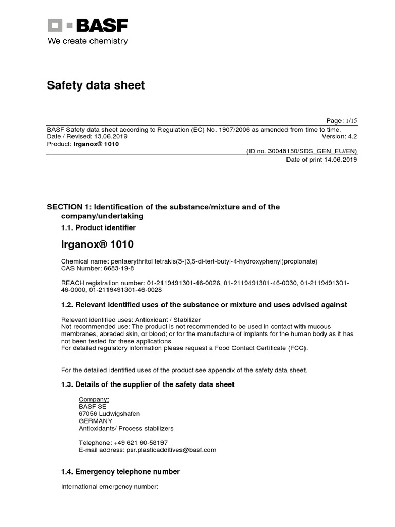 SDS Irganox 1010 ex-BASF (Expiry 2024) | PDF | Toxicity | Chemistry