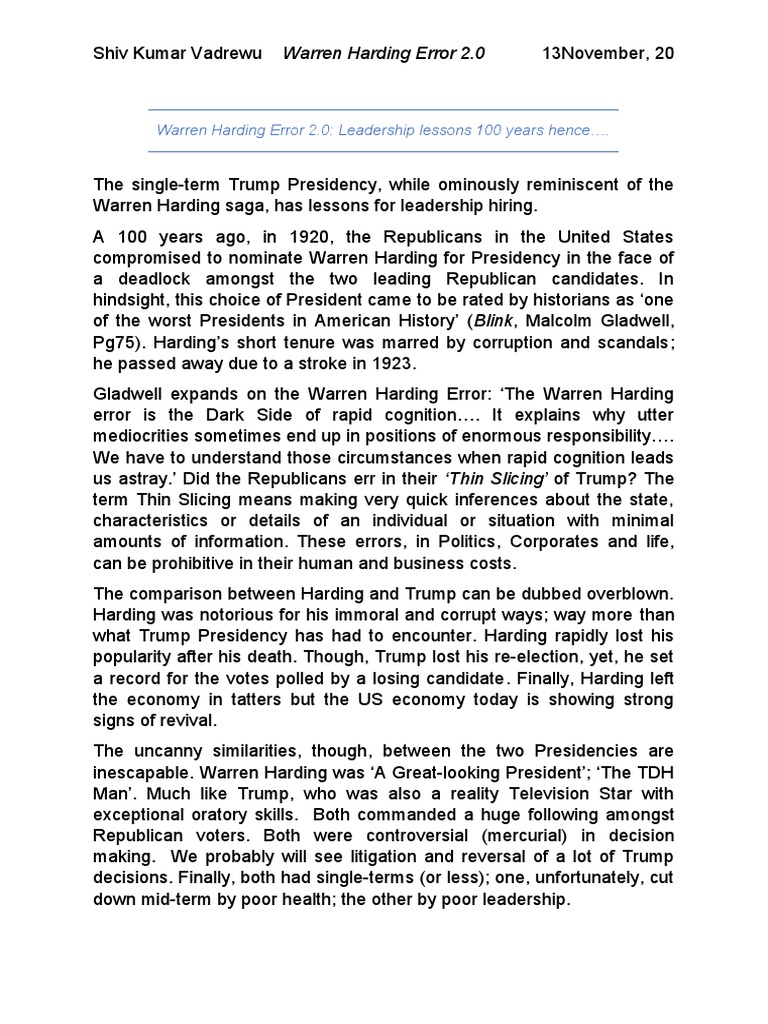 Warren Harding Error - Shreyas Inputs | PDF