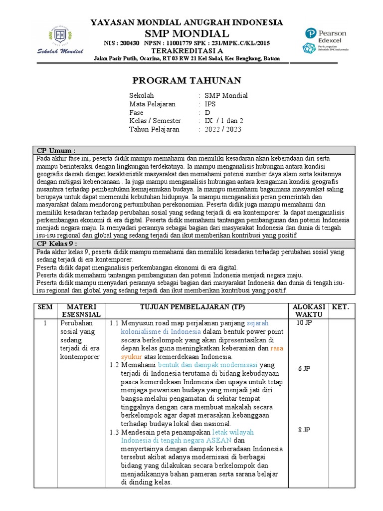 Contoh Prota Ips Ix Kurikulum Merdeka 2022-2023 | PDF