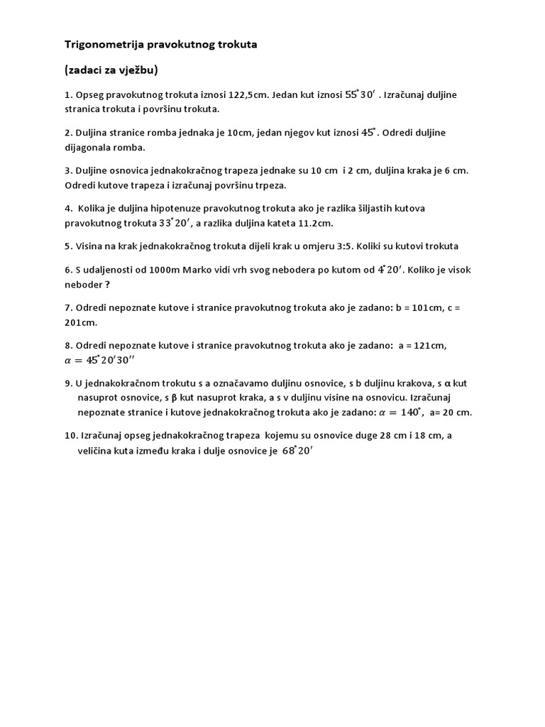 Trigonometrija Pravokutnog Trokuta - Dopunska | PDF