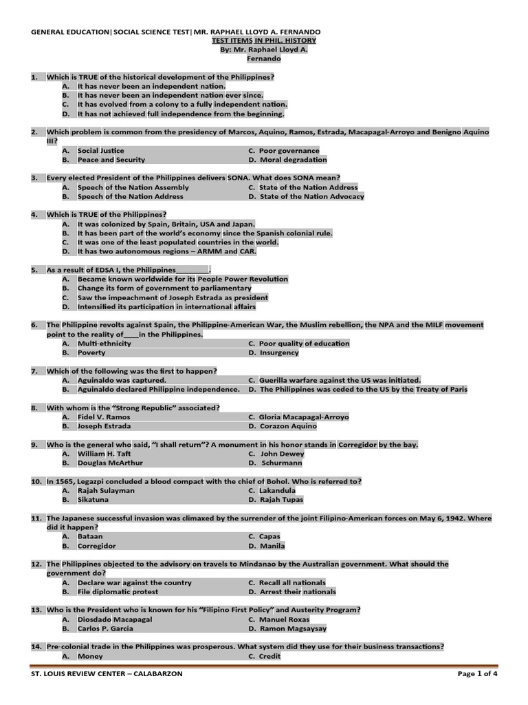 Philippine History Review Test | PDF | Philippines | President Of The ...