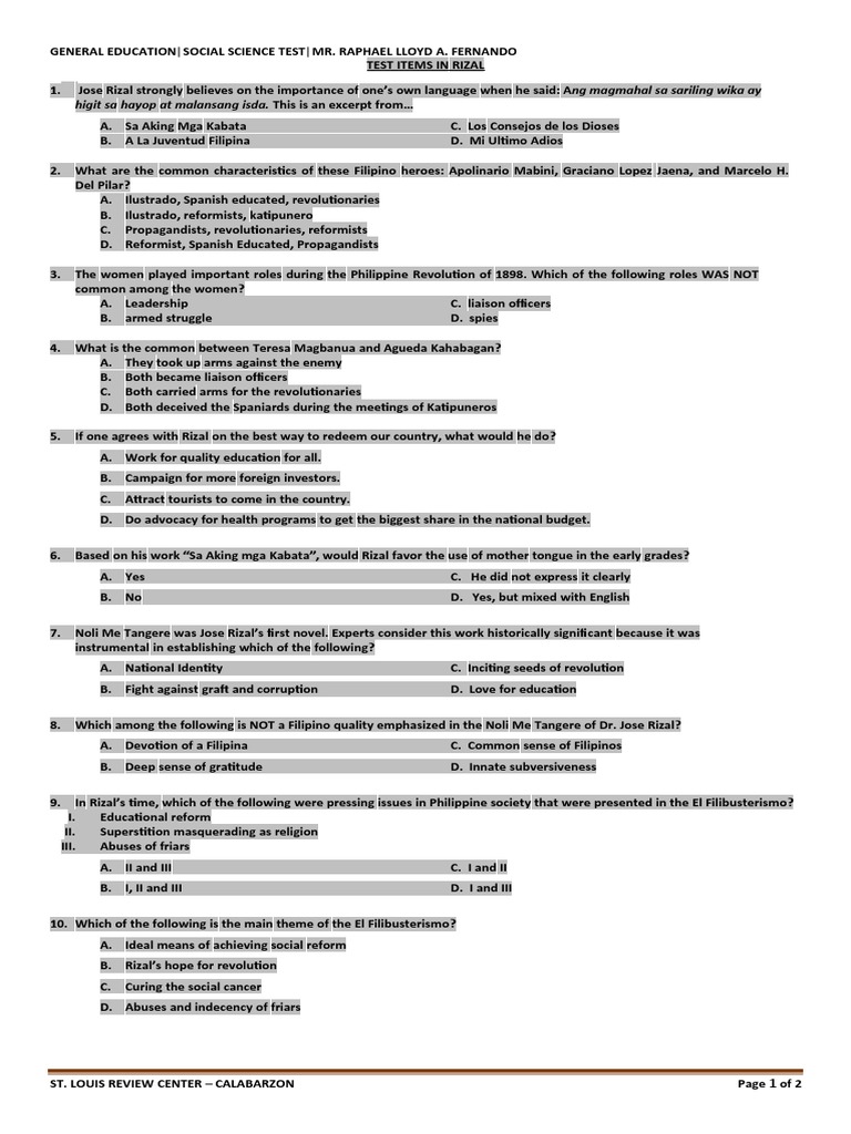 TEST ITEMS IN RIZAL-with ANSWERS | PDF | Spanish Language Literature ...