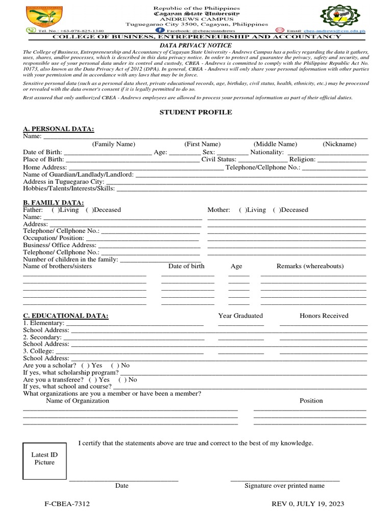 STUDENT PROFILE Cbea | PDF | Privacy | Information Privacy
