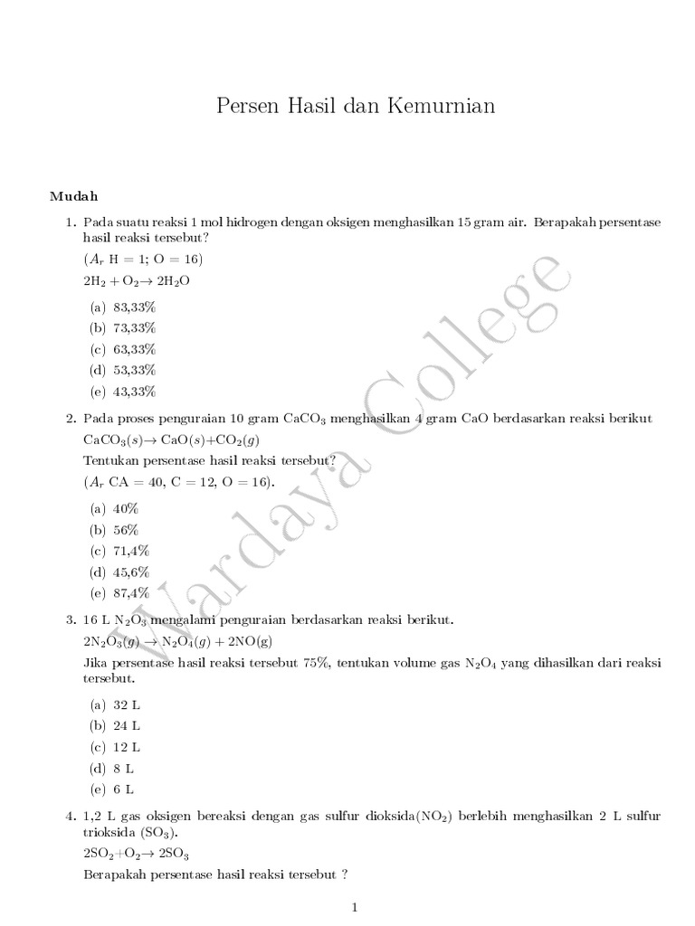 Persen Hasil dan Kemurnian Reaksi Kimia | PDF | Sains & Matematika ...