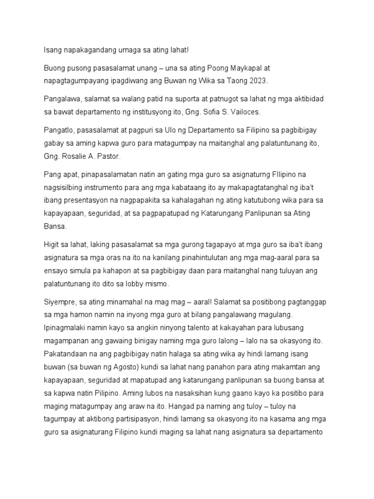 Pambungad Na Mensahe Sa Buwan Ng Wika 2025 Deped