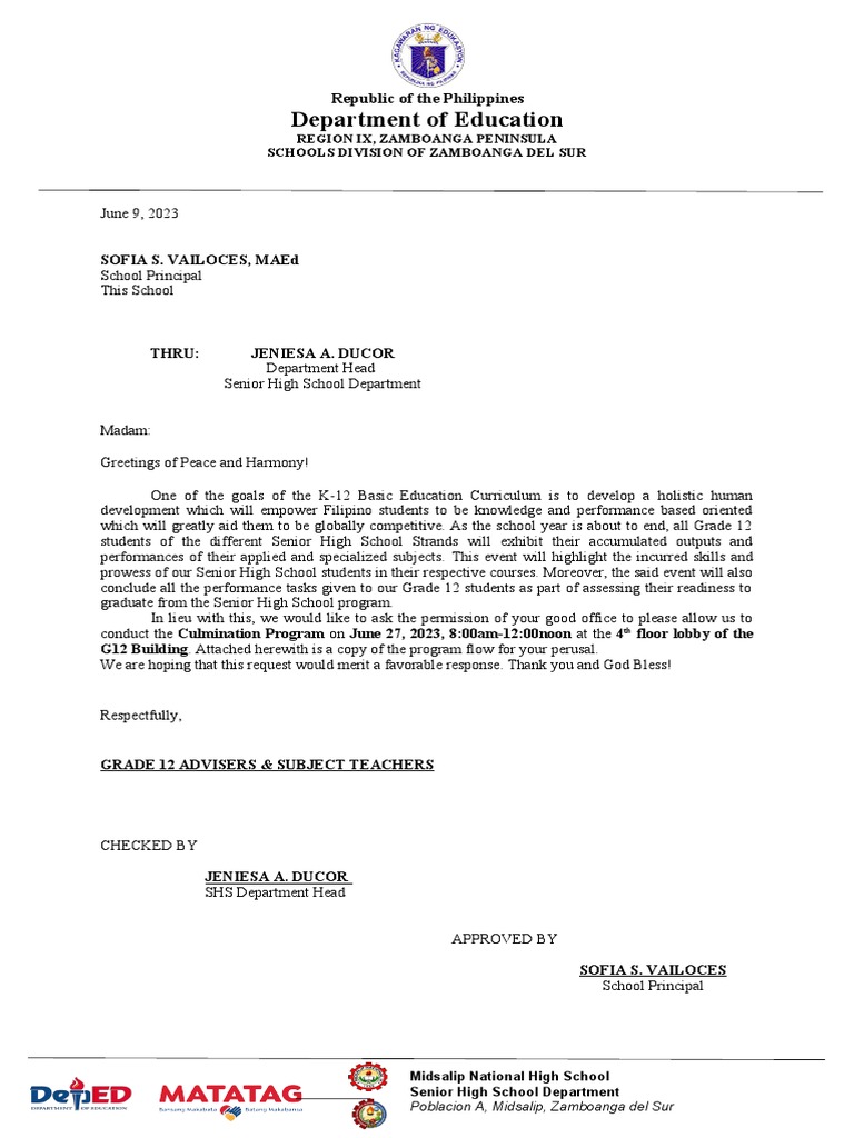 Letter For Culmination Program | PDF