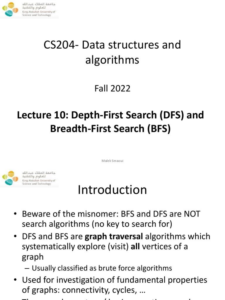 Kaust Cs204 Fall2022 Lecture10 Bfsanddfs Pdf Vertex Graph Theory Computer Programming 1340