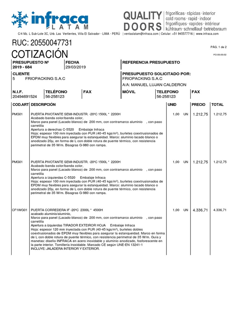 Presupuesto de Puertas Infraca para Friopacking | PDF