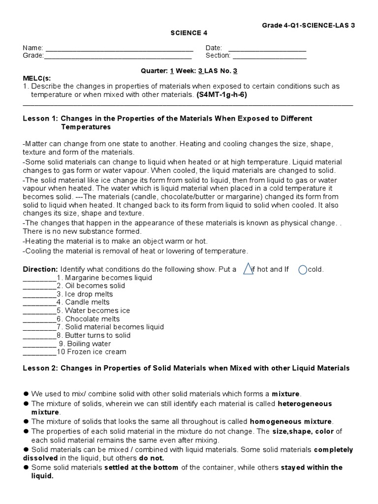 Grade 4 Q1 SCIENCE LAS Week 3 | PDF | Mixture | Liquids