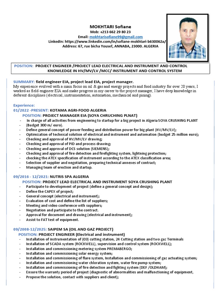 CV Electrical and Instrument Field Engineer or Supervisor or Lead 2023 | PDF | Electrical ...